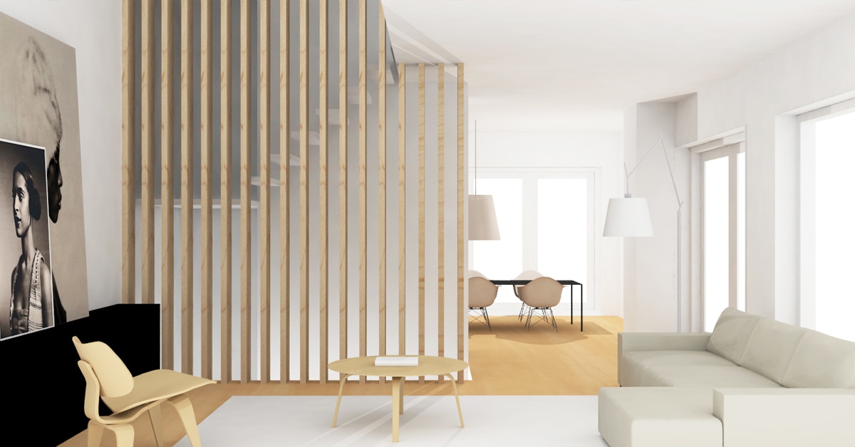 Houten transparante scheidingswand voor trap in woonkamer